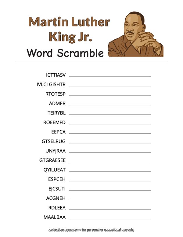 Martin Luther King Jr Word Scramble Martin Luther King Jr Word Scramble