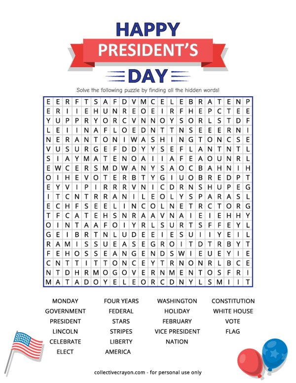 Happy President s Day Word Search